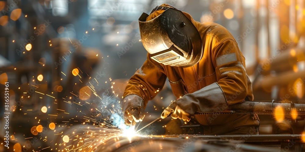 Welder performing tasks on LNG pipeline construction in a heavy ...