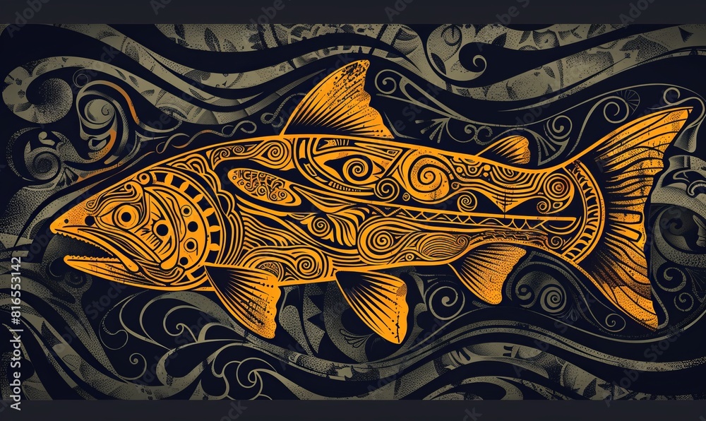 Polynesian art with intricate details of a salmon fish. Ideal for a ...