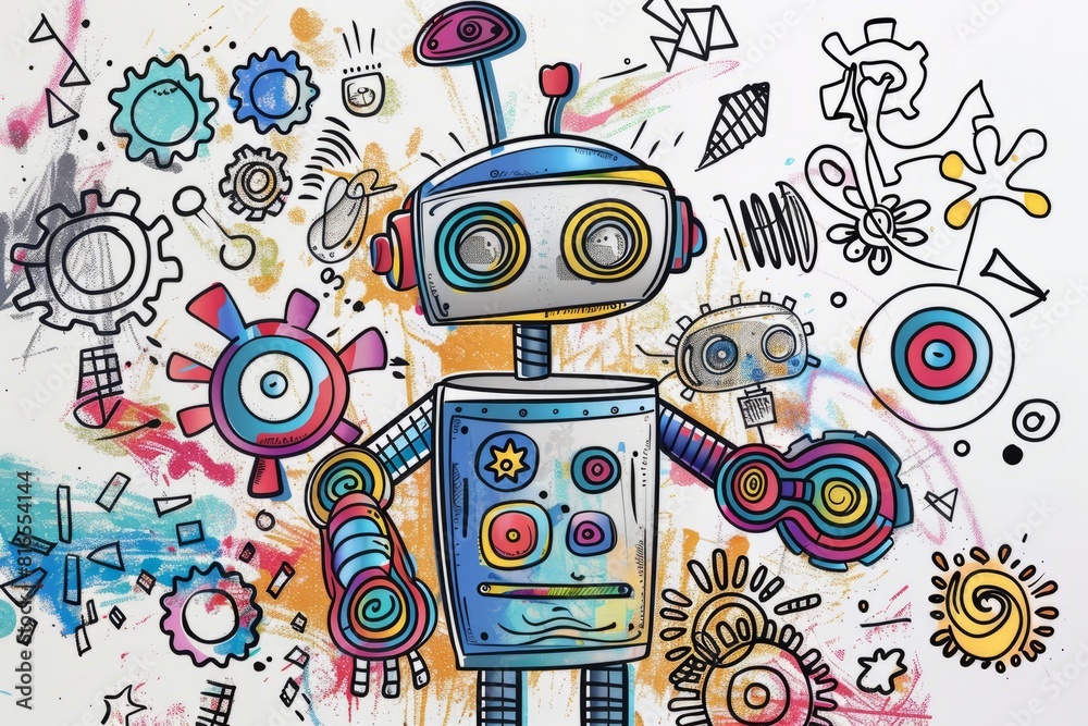 Cartoon cute doodles of a funky robot with colorful gears and buttons ...