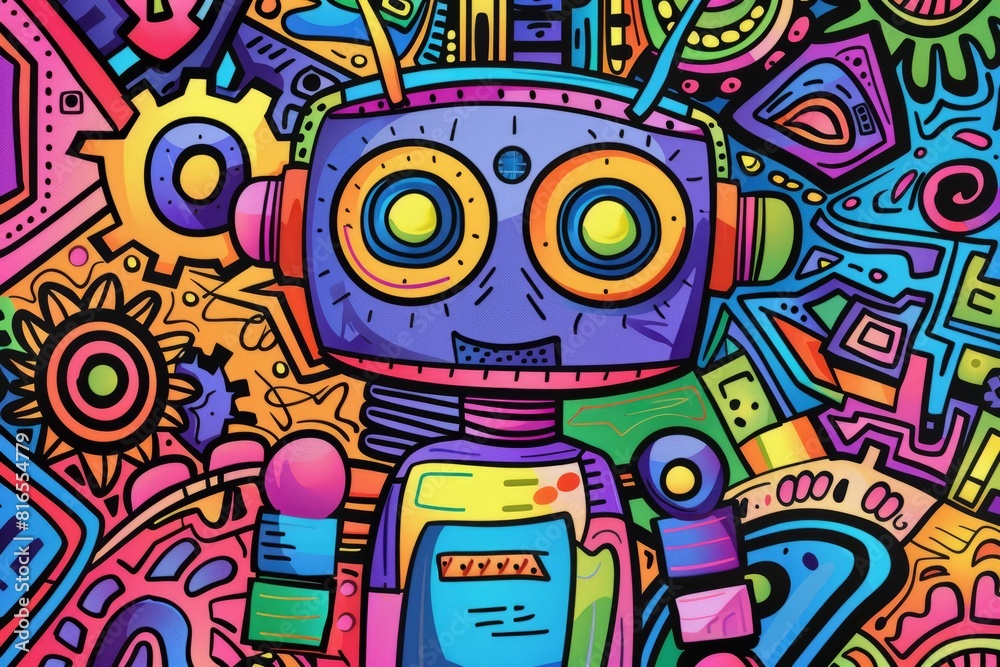 Cartoon cute doodles of a funky robot with colorful gears and buttons ...