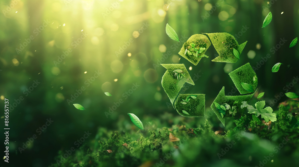 Recycling symbol on a green background with natural plants and leaves ...