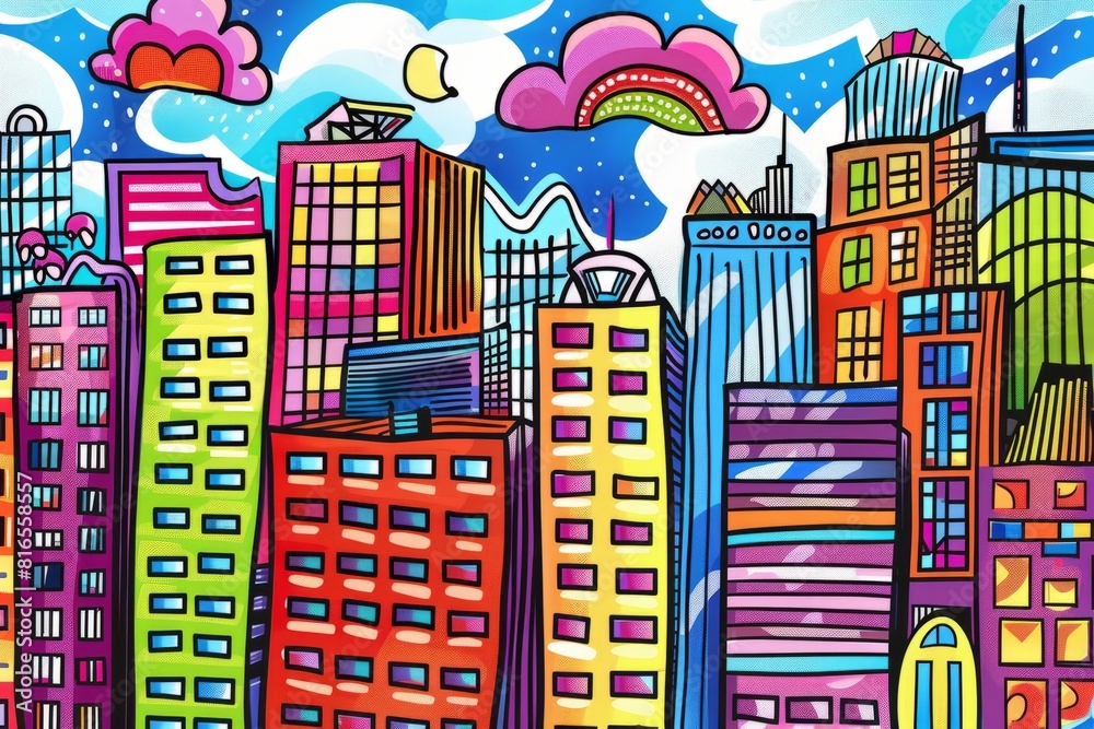 Cartoon cute doodles of a pop art-style cityscape with skyscrapers in ...