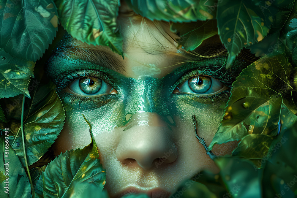 Woman's face adorned with intricate green leaves, blending the beauty ...