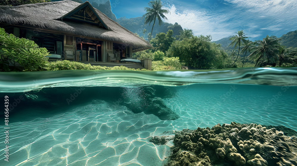 Half underwater photography of a tropical and exotic summer vacation ...