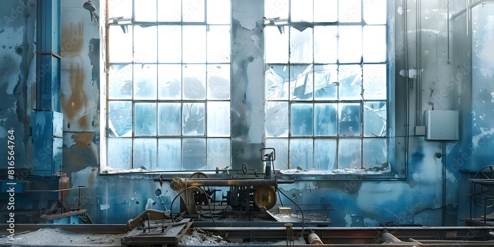 Decaying industrial site with broken windows, rusted machinery and ...