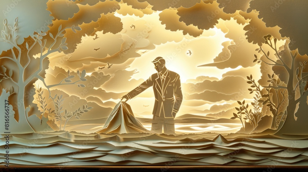 Papercut art a man is reaching into the water with a forest and body of ...