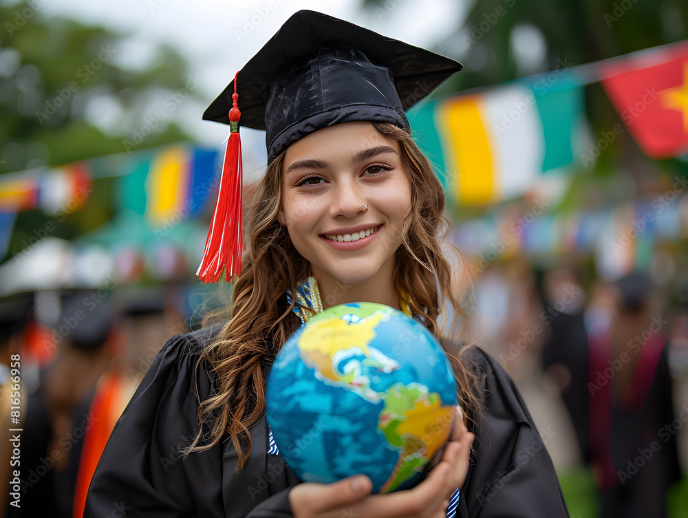 Positioned amidst a backdrop of international flags, a graduate ...
