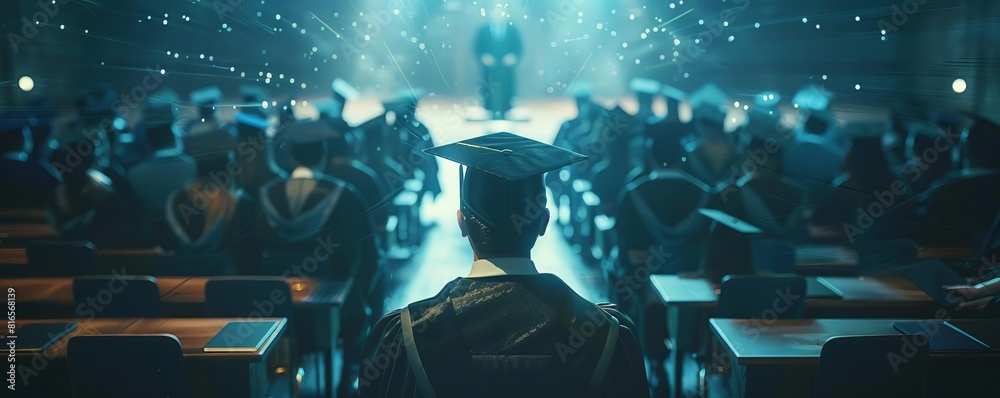 Graduates receiving diplomas from a holographic professor in a digital ...