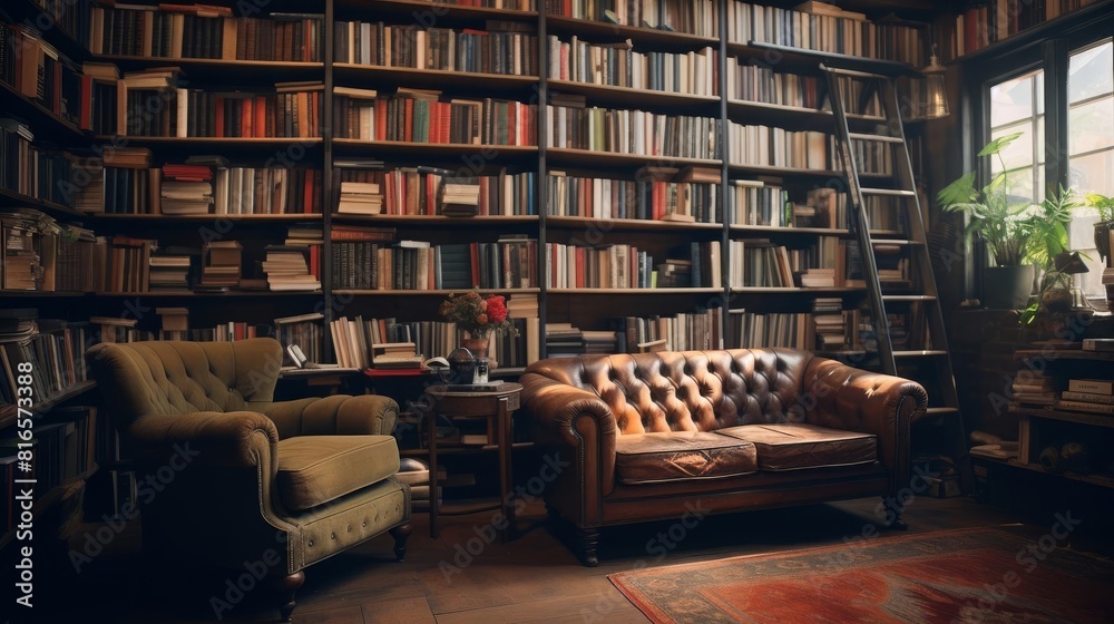 A cozy reading nook in a home library with a leather armchair and a ...
