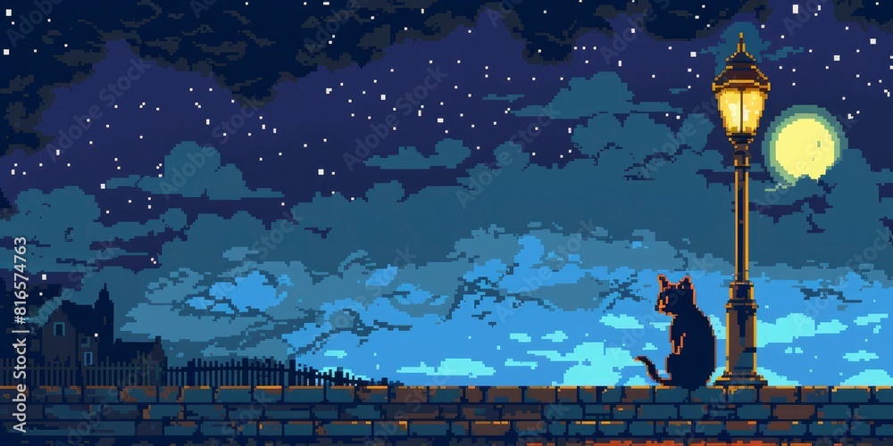 Pixel art of cat sitting under street lamp night sky Stock Illustration ...