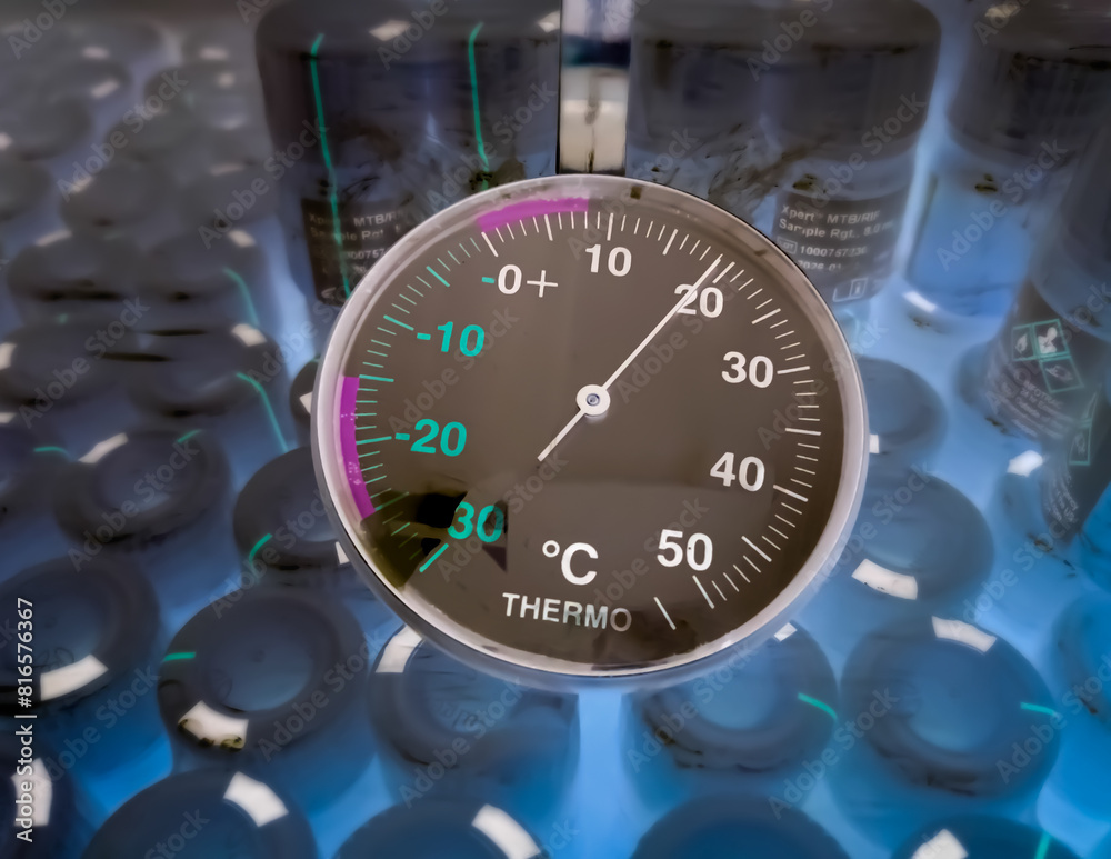Refrigerator analogue thermometer in cold storage unit. Refrigeration ...