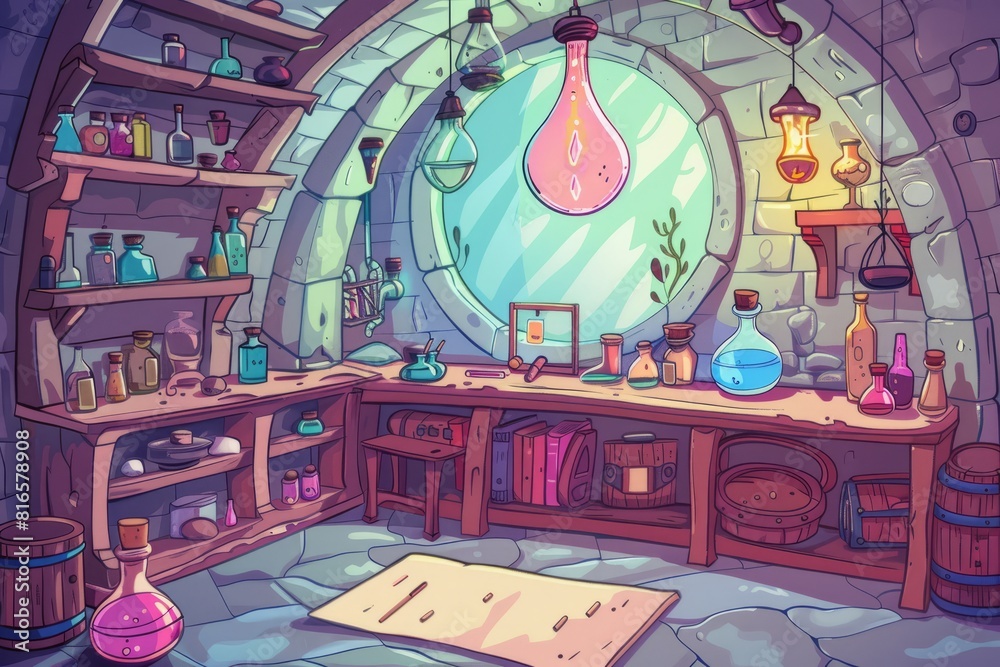 Cartoon cute doodles of a magical alchemy academy where young students ...