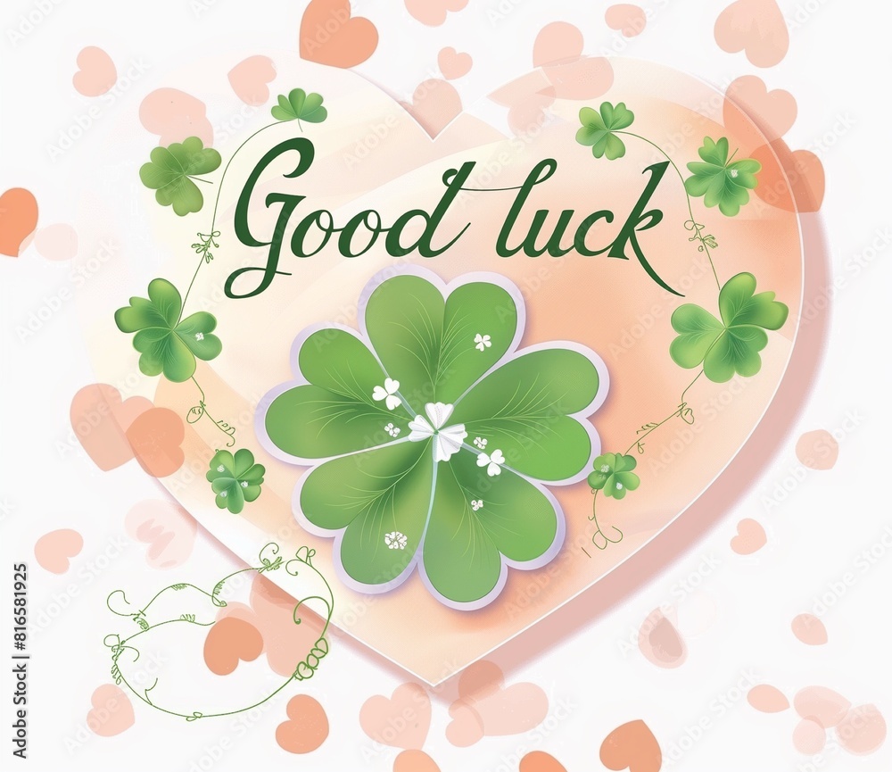 Beautiful heart shaped composition with 4-leaf clover and sing "Good ...