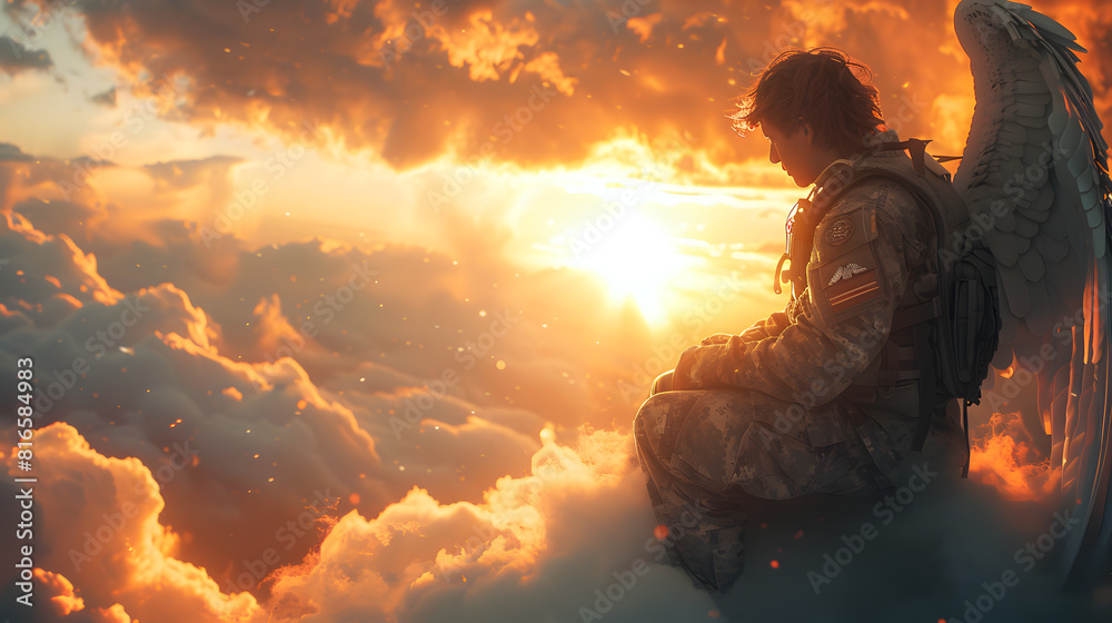 Angel in military u.s. uniform sitting sits on a cloud with a sunset ...