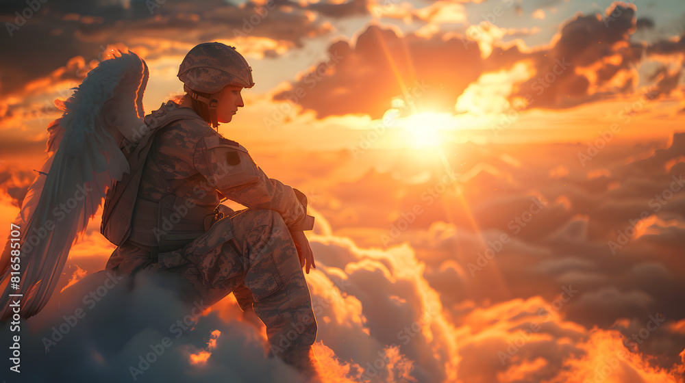 Angel in military u.s. uniform sitting sits on a cloud with a sunset ...
