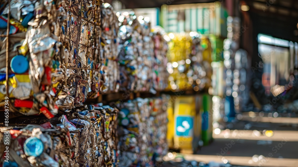 Sorted garbage packed in large bales at the sorting warehouse of the ...