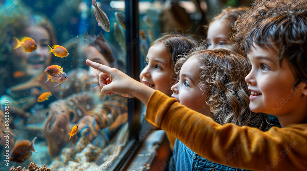 Happy children in a zoo standing in front of an aquarium and pointing ...