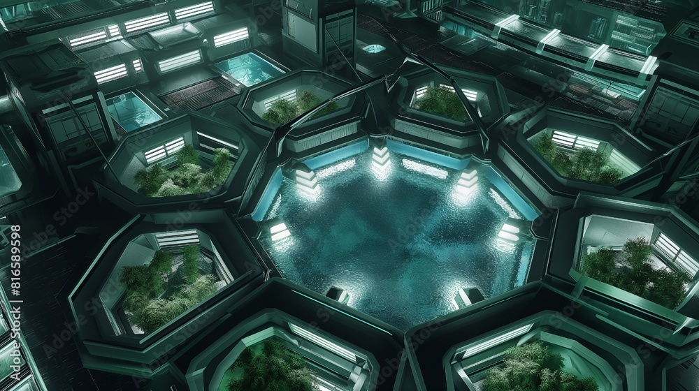 a sci-fi hydroponics lab with hexagonal patterns built around a central ...