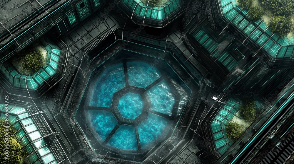 a sci-fi hydroponics lab with hexagonal patterns built around a central ...