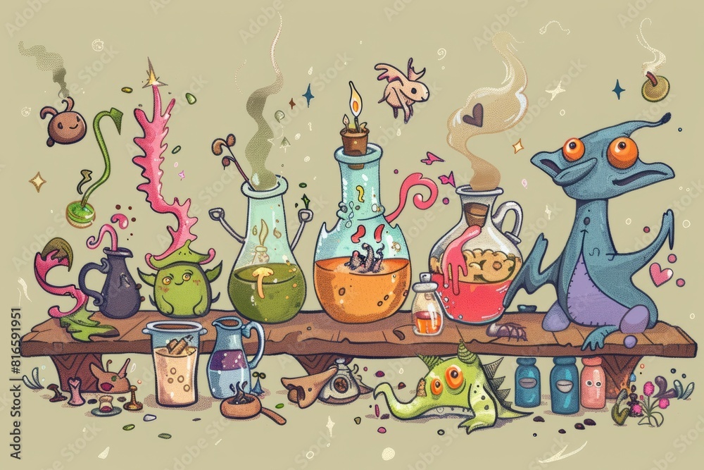 Cartoon cute doodles of a whimsical potion-making contest among magical ...