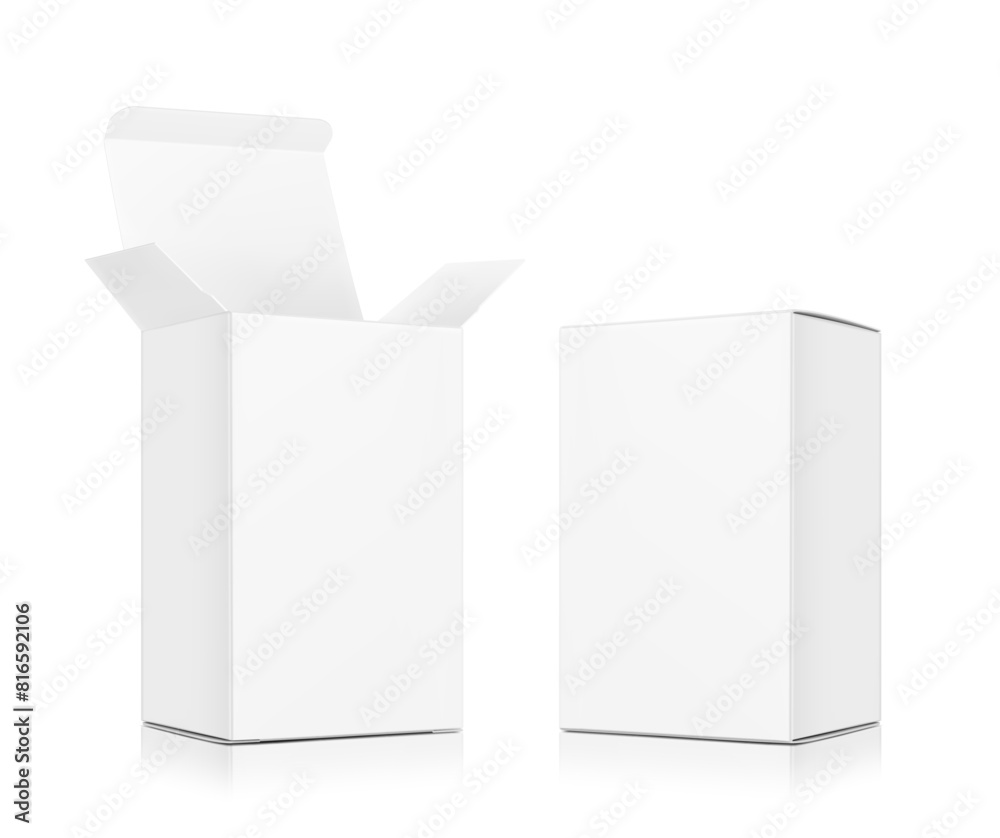 Realistic closed and open cardboard box mockup. Vector illustration ...