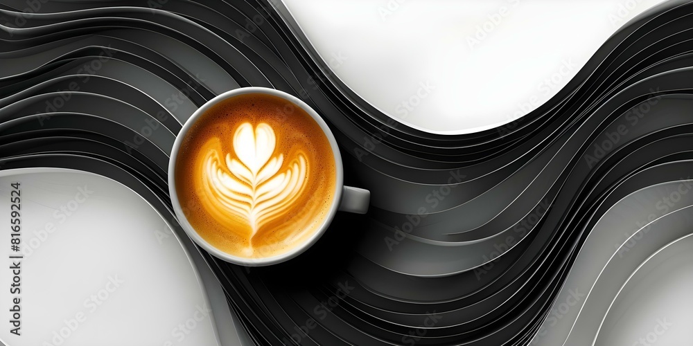 Bird's eye view of D coffee cup with latte art set against a wave ...