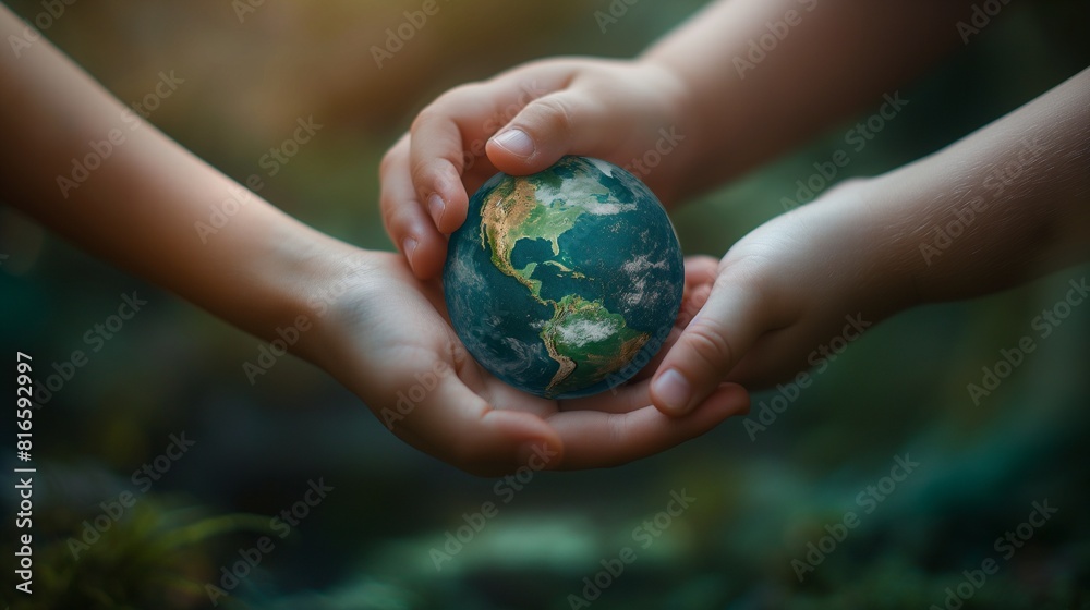 Old hands giving an Earth globe to young hands is a symbolic eco ...