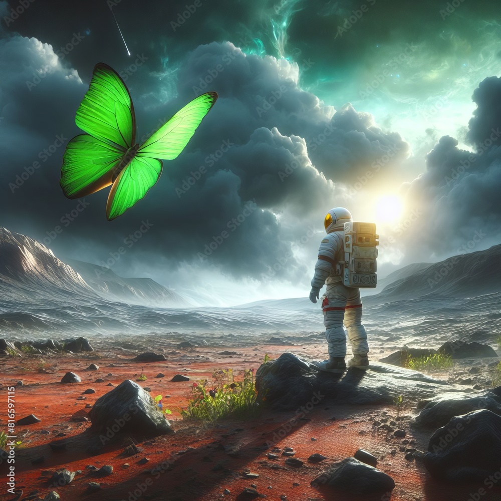 A solitary astronaut standing on an alien planet's surface, captivated ...