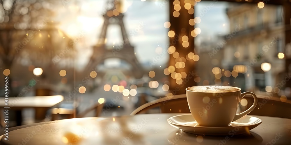 4k time lapse animation of coffee cup in cafe with Eiffel Tower ...