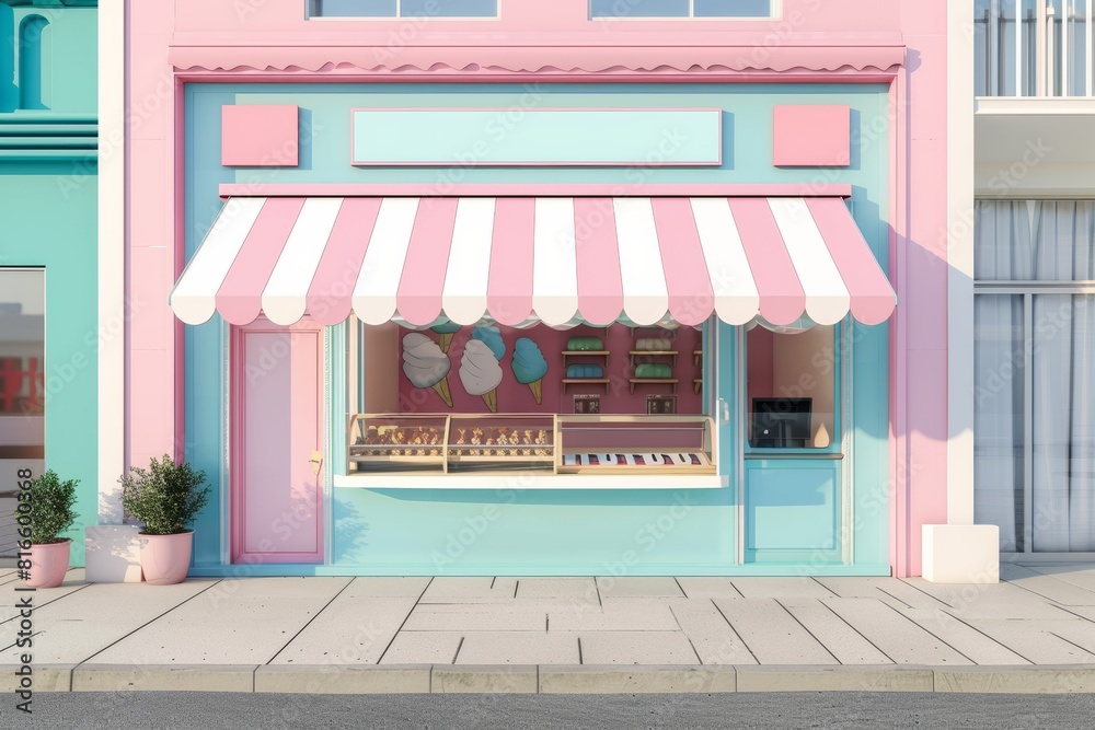 A charming ice cream parlor exterior featuring a pastel color scheme ...