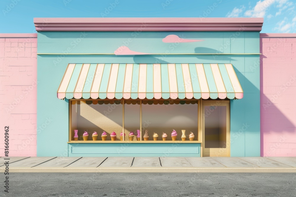 Ice cream shop exterior in pastel tones with a striped awning and a ...