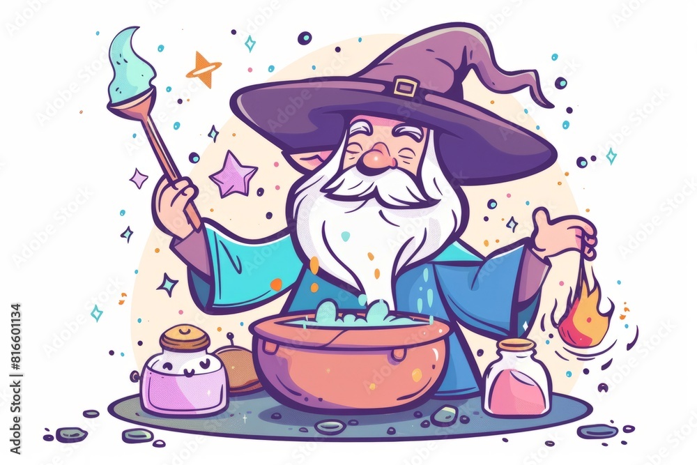 Cartoon cute doodles of a wizard brewing a magical potion in a bubbling ...