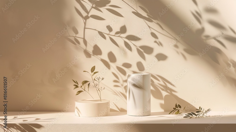 Soft, light beige backdrop with delicate shadows and plant patterns ...