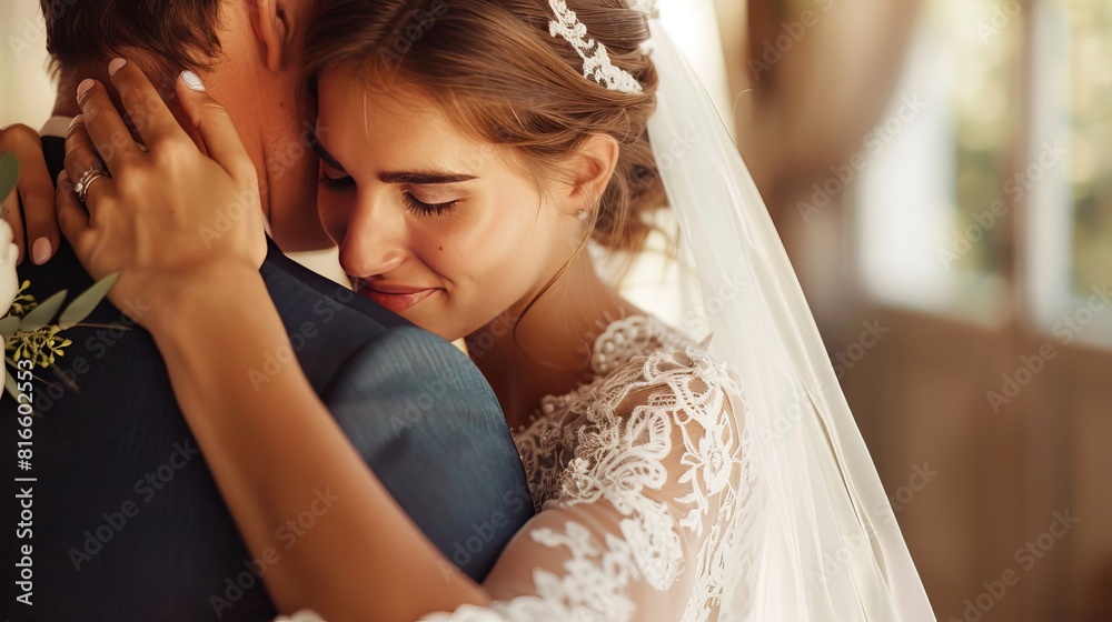 The bride and groom hug each other inside. The stunning bride wears a ...