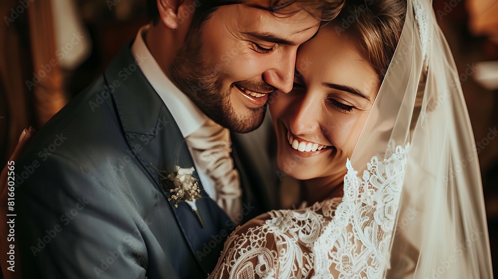 The bride and groom hug each other inside. The stunning bride wears a ...