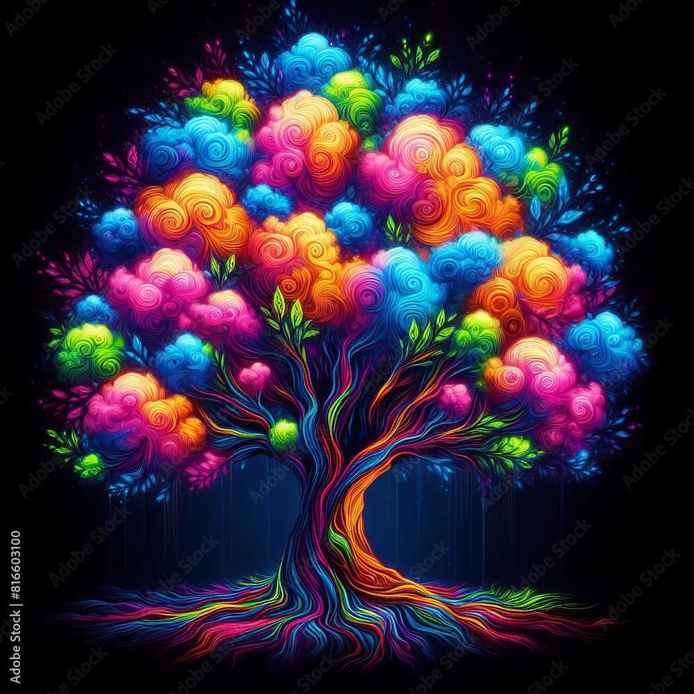 A color-rich tree with neon leaves stands out in a dark forest ...