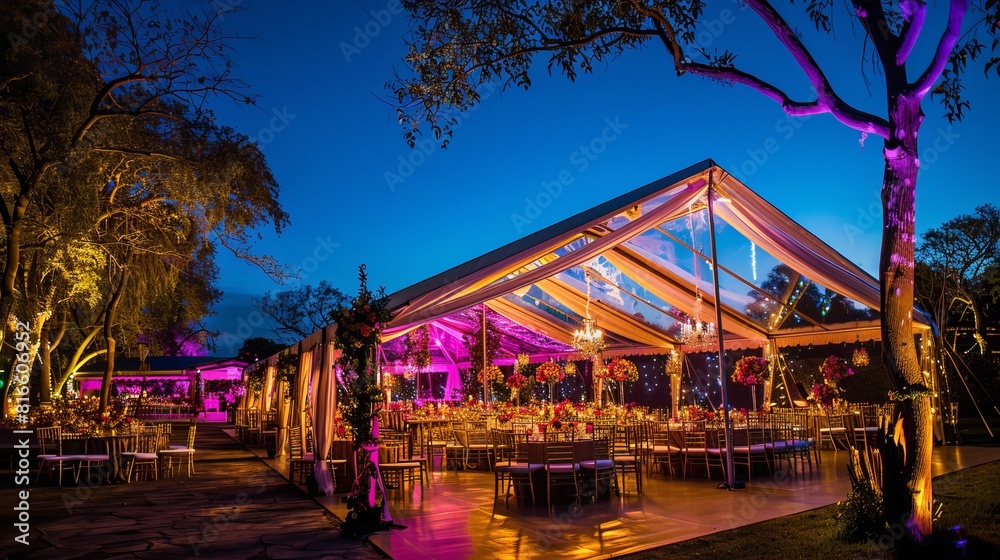 Under the shimmering night sky, the wedding tents burst with vibrant ...
