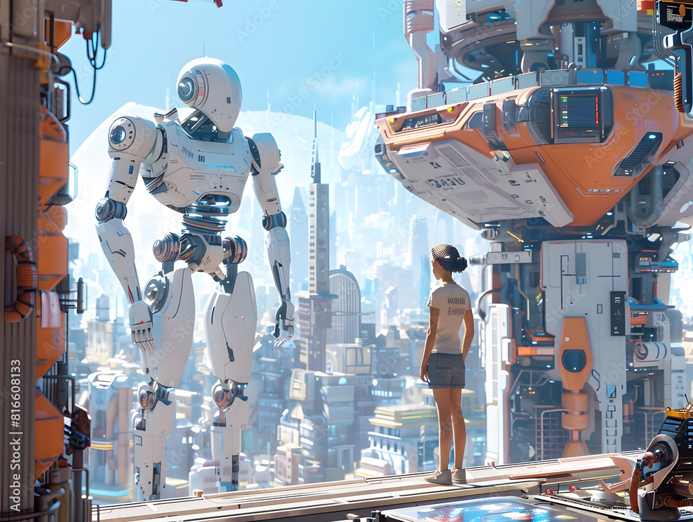 a human child, a woman, and a robot stand together, their gazes locked ...