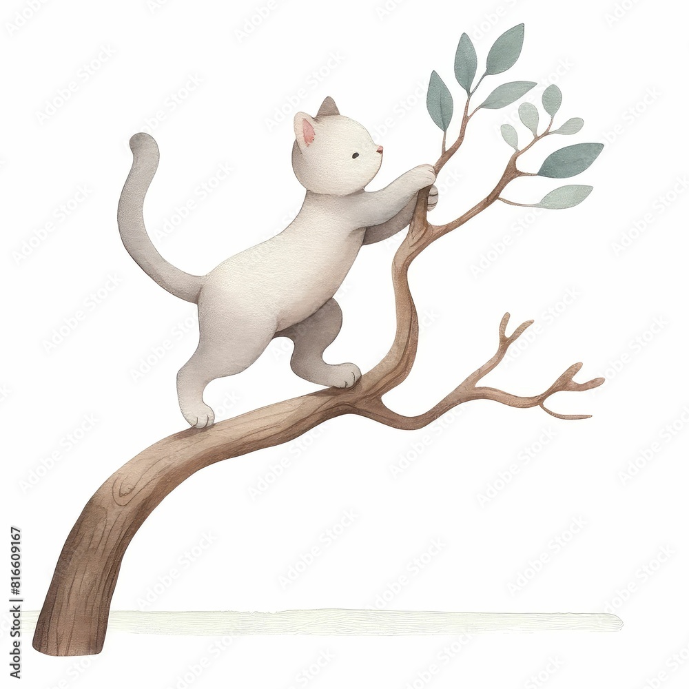 Climbing cat clipart scaling a tree branch. watercolor illustration ...