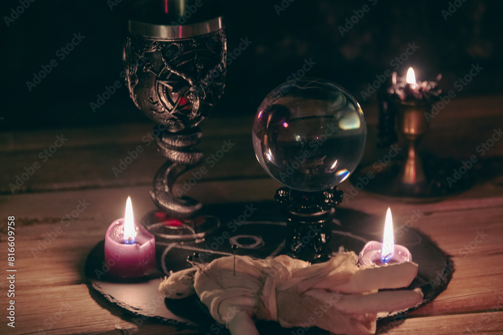 Mysterious Occult Ritual Setup with Crystal Ball and Candles. Stock ...