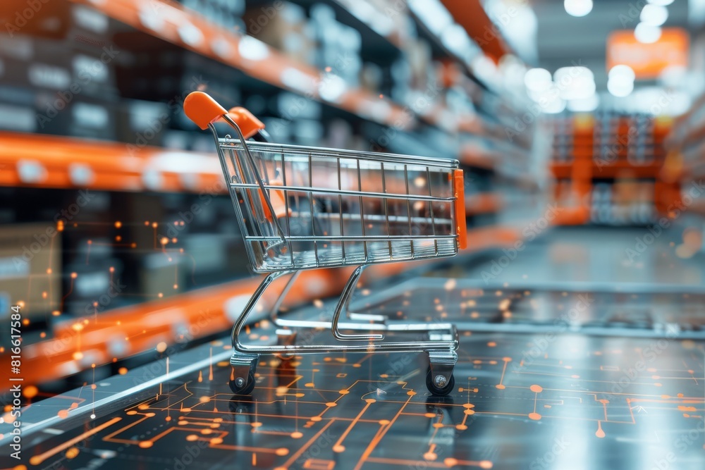 Grocery cart against the background of self-service store and ...