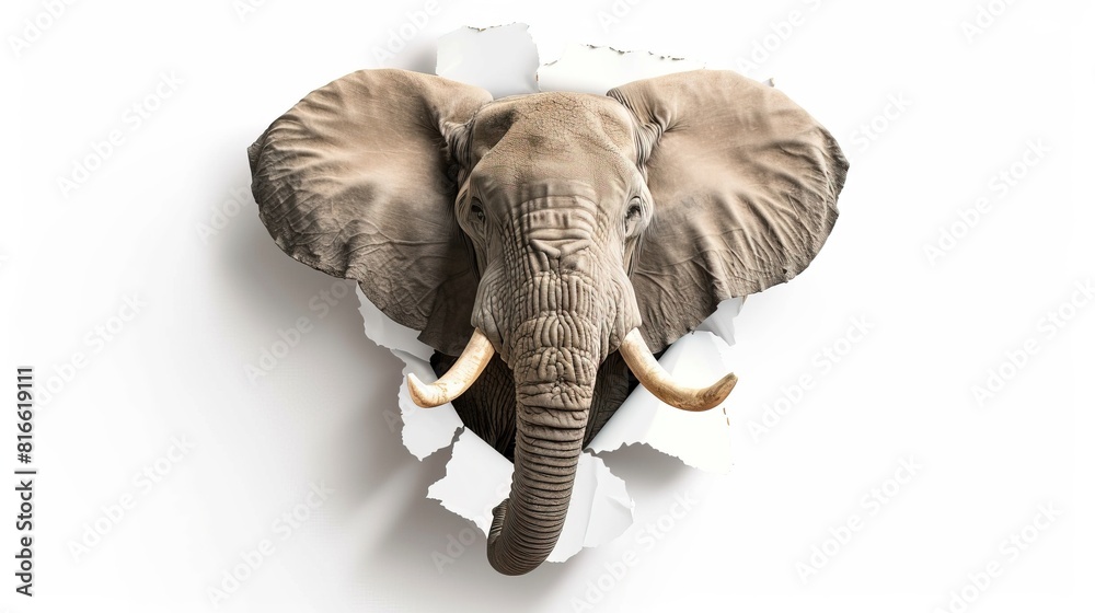 Playful elephant peeking through ripped paper, isolated image. Close-up ...