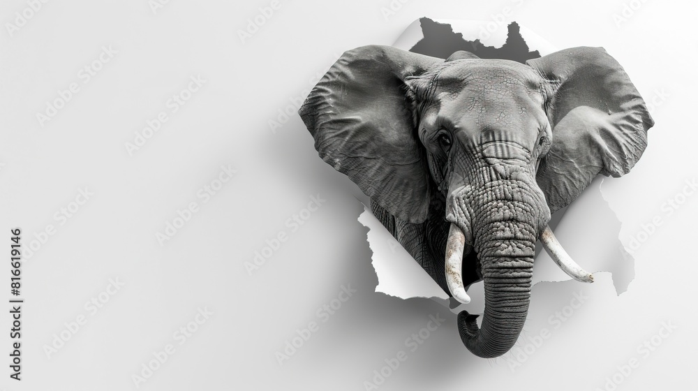 Playful elephant peeking through ripped paper, isolated image. Close-up ...
