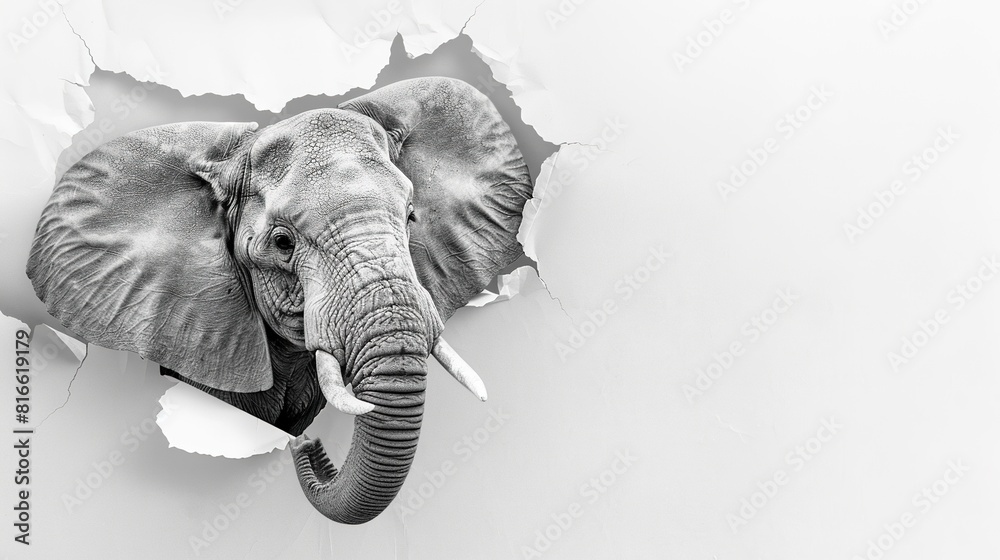 Playful elephant peeking through ripped paper, isolated image. Close-up ...