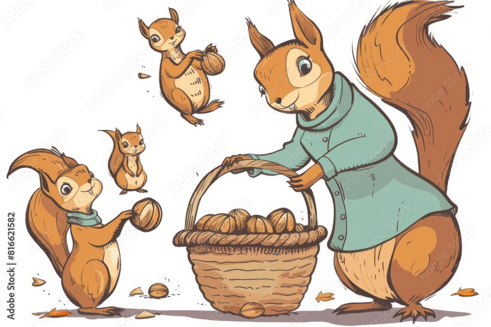 Cartoon cute doodles of a grandma squirrel with a basket of nuts ...