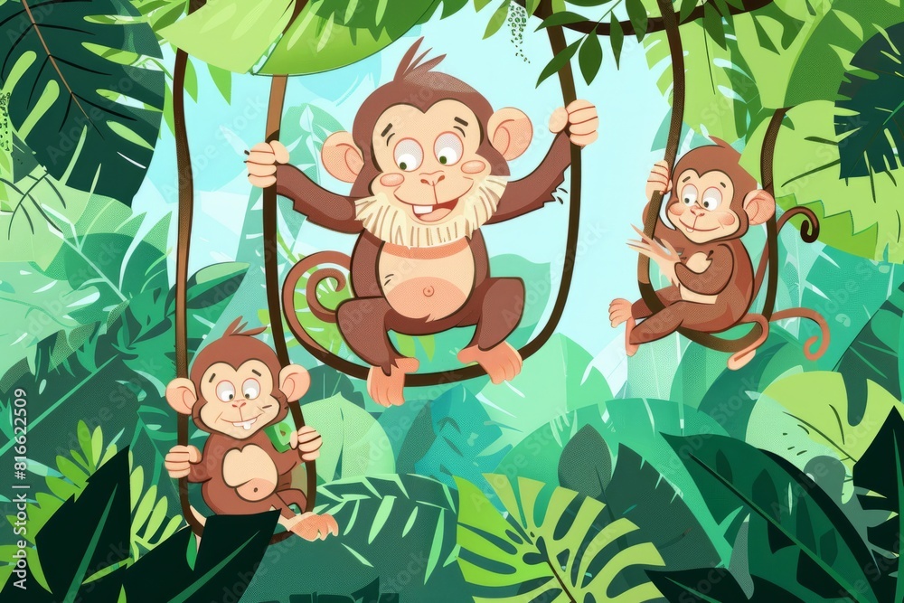 Cartoon cute doodles of a grandpa monkey swinging from vines with his ...