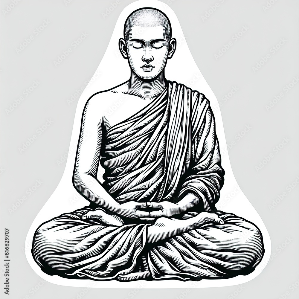 Line art Buddhist monk Meditatio.n Hand drawing style. Outline. Stock ...