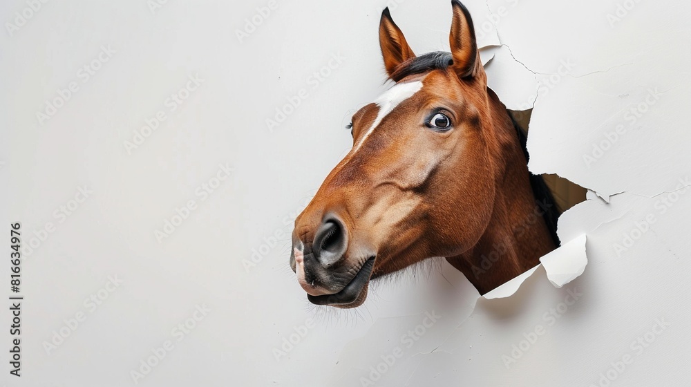 Playful horse peeking through ripped paper, curious horse observation ...