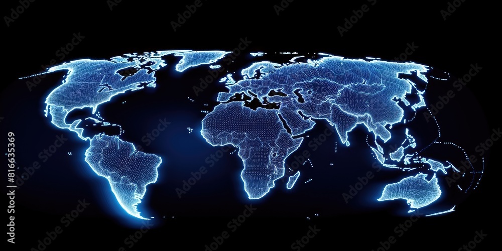 Glowing digital world map on a dark background with sparkling light ...