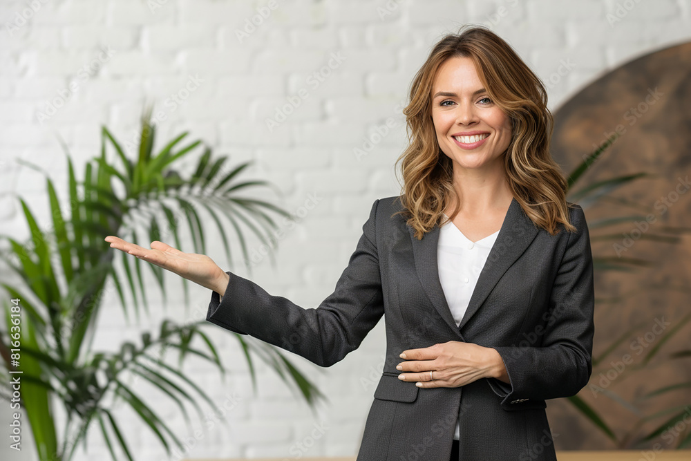 Smiling businesswoman in a suit presenting with a welcoming gesture in ...